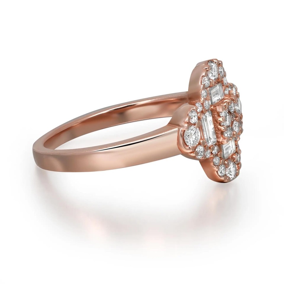 Baguette & Round Cut Diamond Clover Flower Ring 14K Rose Gold 0.60Cttw ...