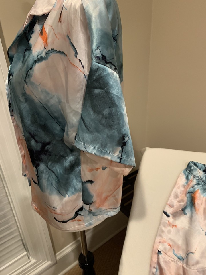 Secret Treasures pajamas set medium m shiny satin pink blue button up ...