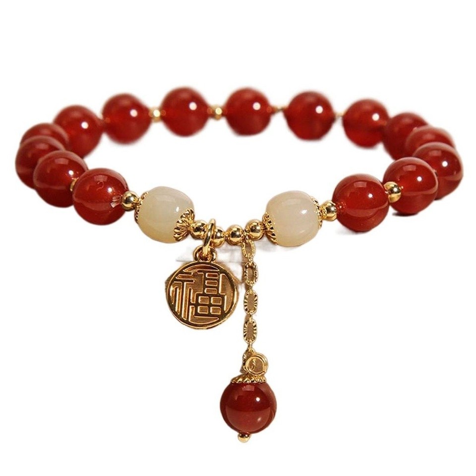 Fresh Sweet Style Red Agate Beaded Bracelet with Fu Character for Women ...