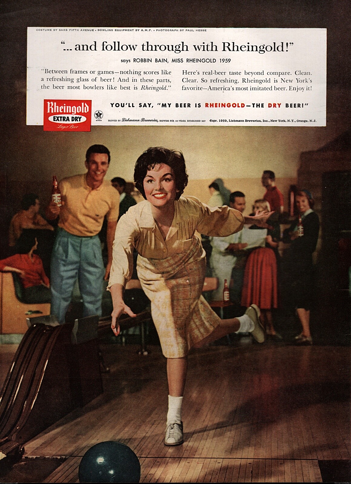1959 Rheingold Beer Miss Robbin Bain Bowling Night Original Color Ad | eBay