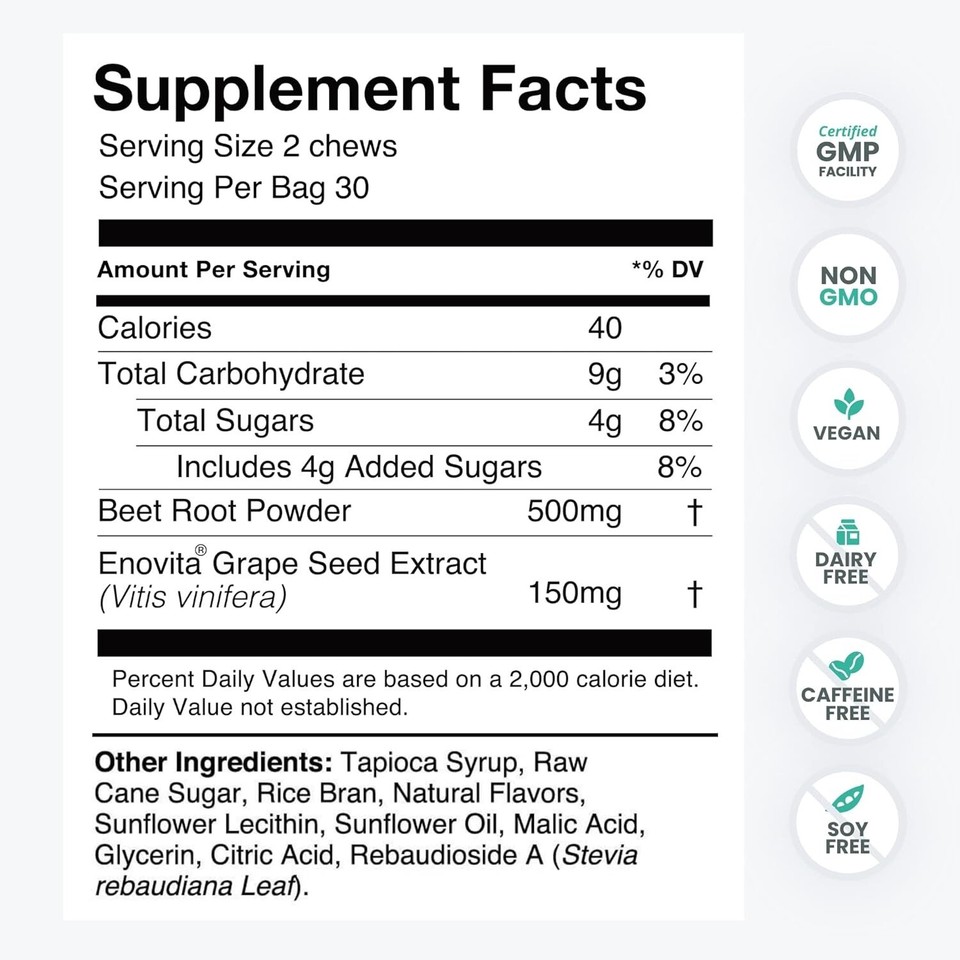 HumanN SuperBeets Grape Seed Soft Chews - 60 Count Grape Seed Extract ...