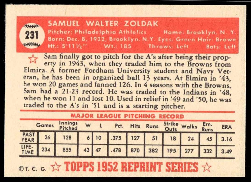 1983 Topps 1952 Reprint Series Sam Zoldak Philadelphia Athletics #231 ...