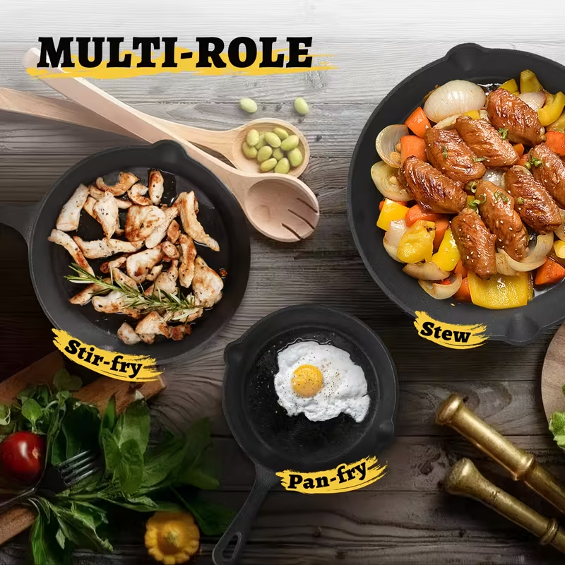 3pcs Cast Iron Cookware Set: Heavy-Duty Non-Stick Pan, Multi-functional ...