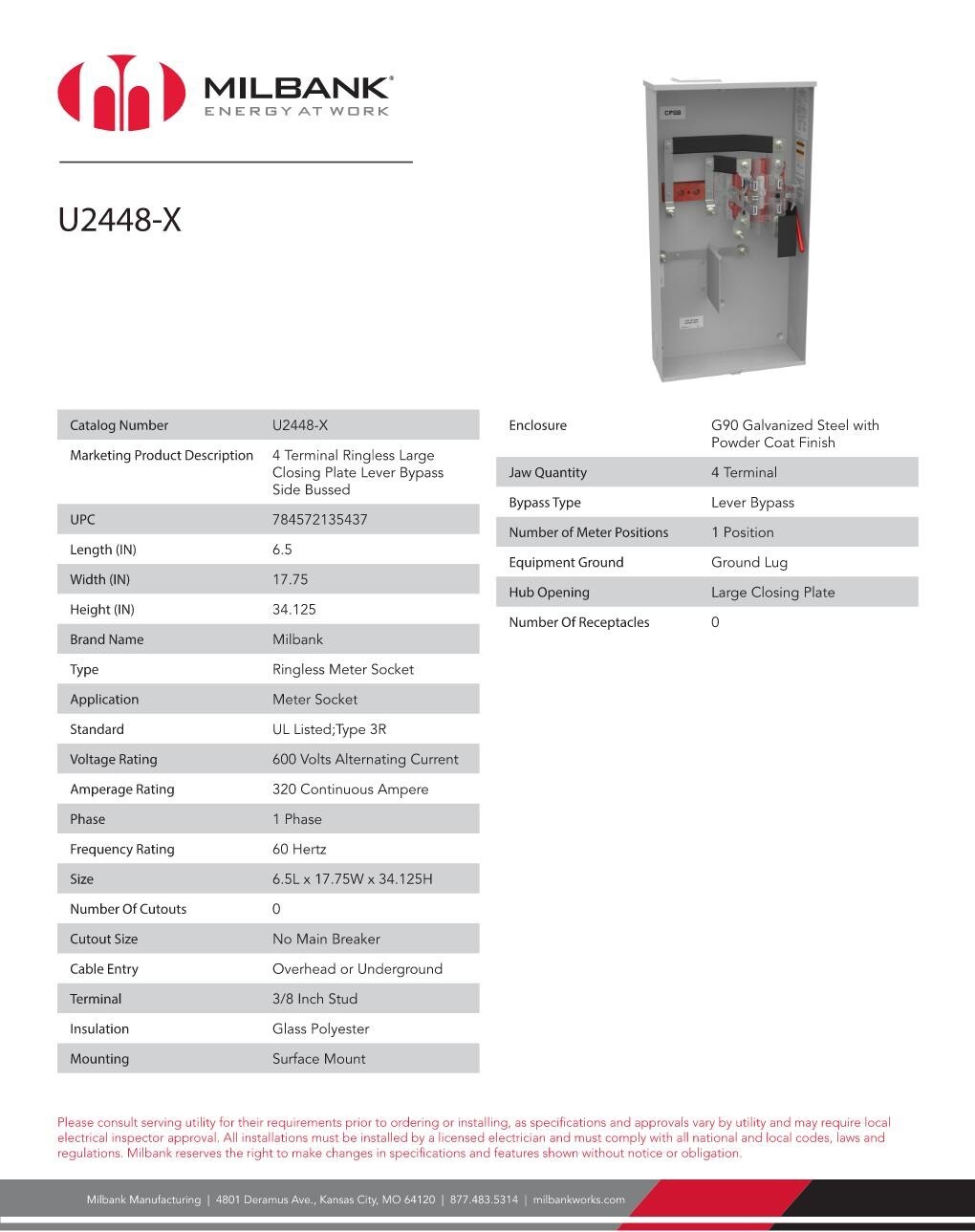 Milbank U2448-X; 320A 1PH 600V N3R 4 Terminal RIngless Meter Socket; OG ...