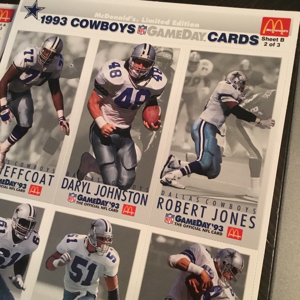 1993 McDonald's Cowboys Uncut Game Day Card Sheet A,B,C & ‘93 GameDay ...