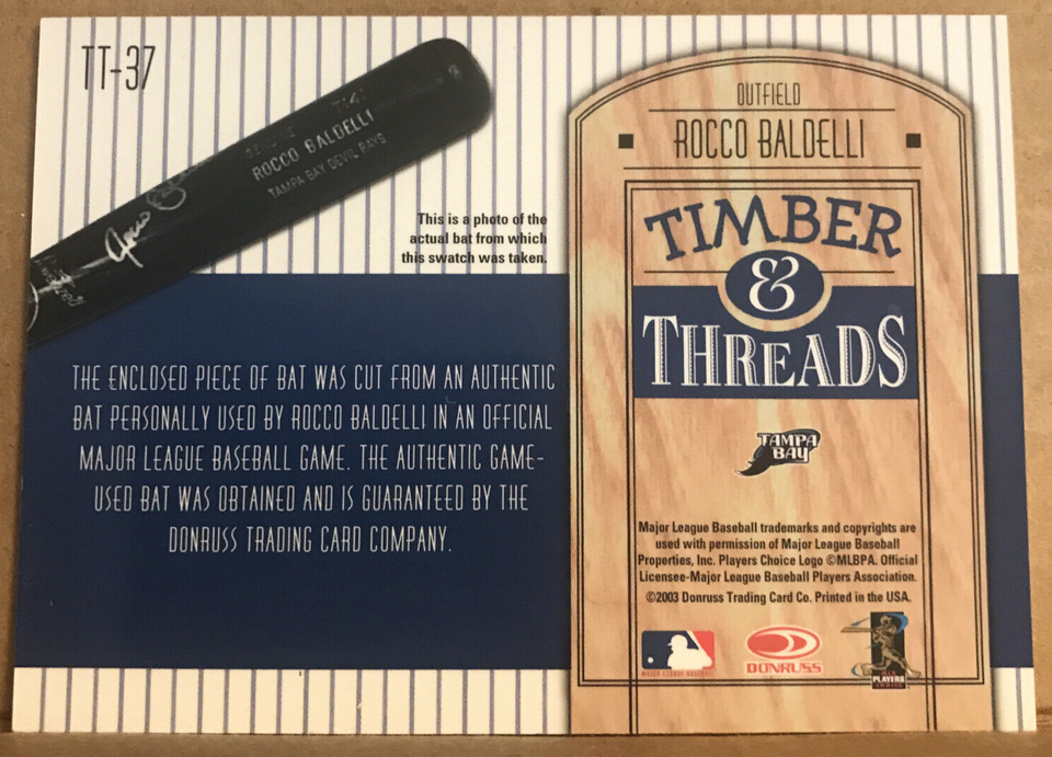 Rocco Baldelli 2004 Donruss Timber & Threads Card #TT-37 Tampa Bay Rays ...
