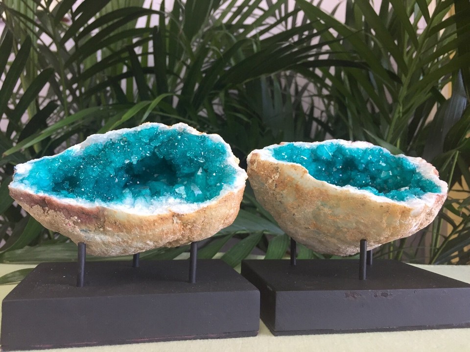 Large Geode Crystal Quartz Specimen Open Geode Pair W/Stands Morocco ...