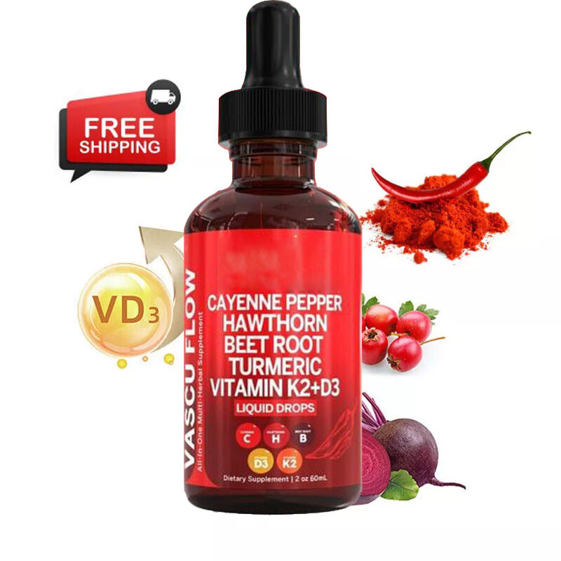 Vascu Flow Cayenne Pepper Liquid Drops Hawthorn Root Turmric Vitamin K2 ...