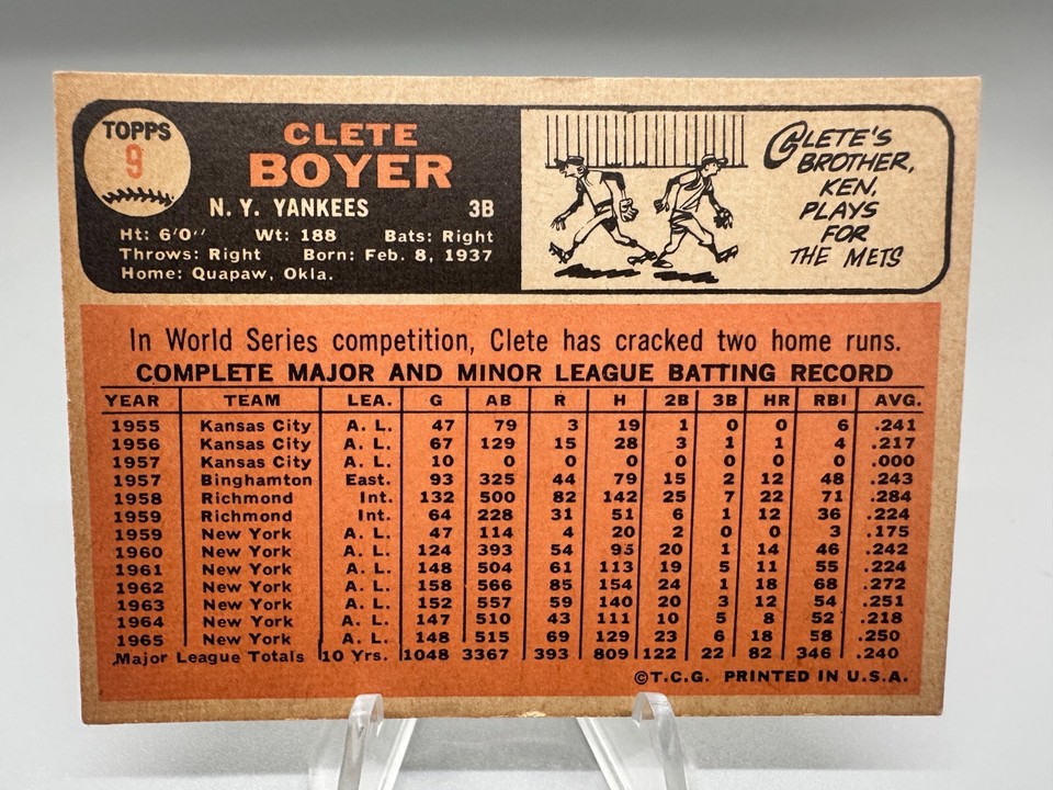 1966 Topps # 9 Clete Boyer New York Yankees Well Centered | eBay