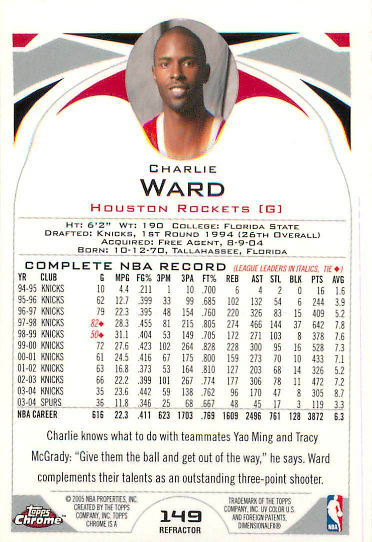 CHARLIE WARD 2004-05 Topps Chrome REFRACTOR #149 Rockets | eBay