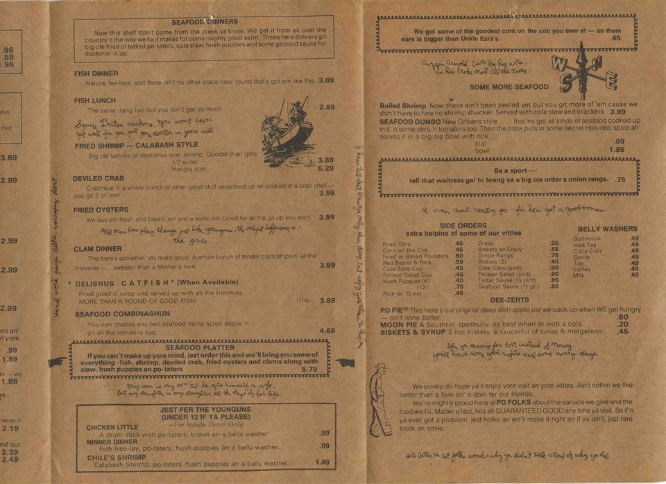 Po Folks Menu Sea Food Chicken And So Forth 1981 Chamblee Atlanta ...