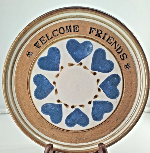 Welcome Friends Art Pottery Primitive Folk Art Heart Design Signed Salt ...