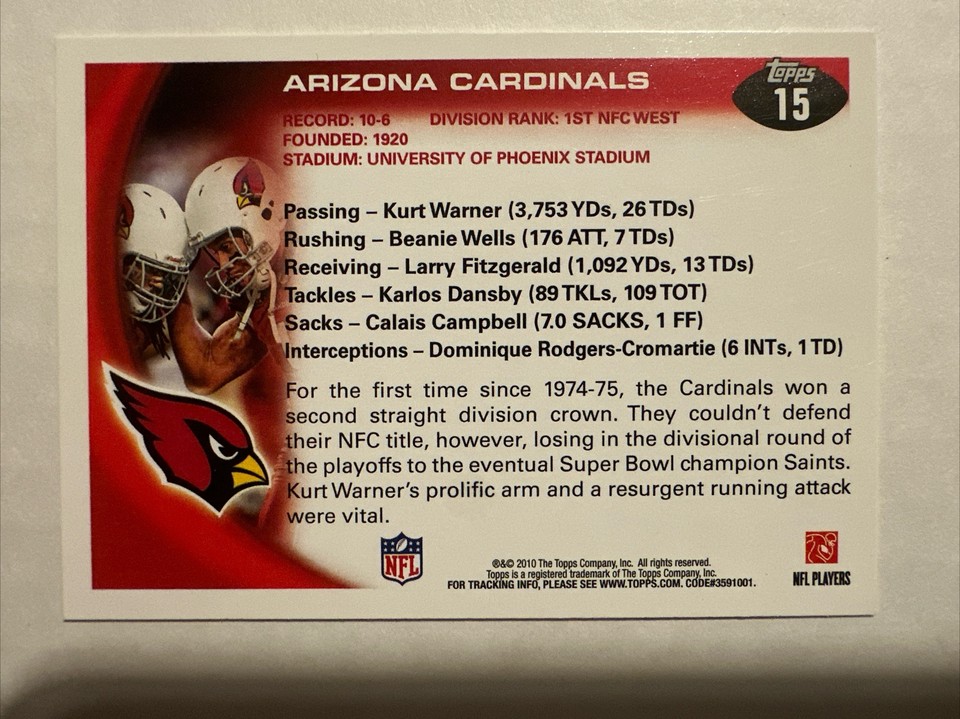 2010 Topps Arizona Cardinals #15 Larry Fitzgerald NFL Football Card HOF ...