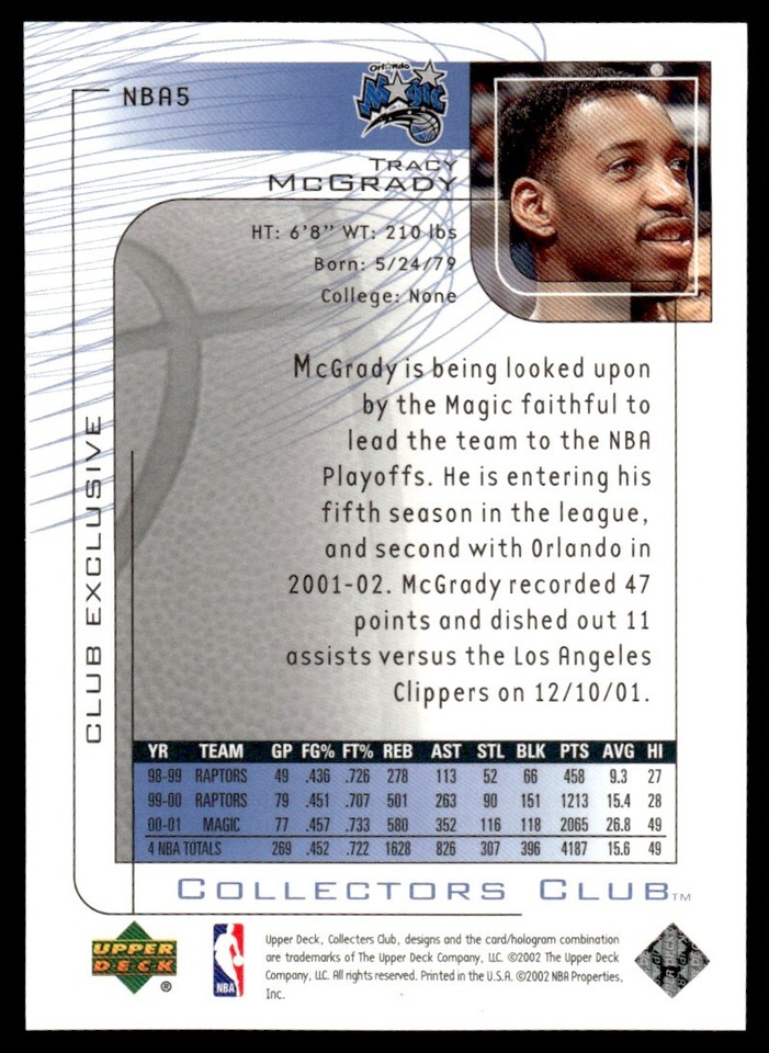 2001-02 Upper Deck Club Exclusive Tracy McGrady Orlando Magic #NBA5 | eBay