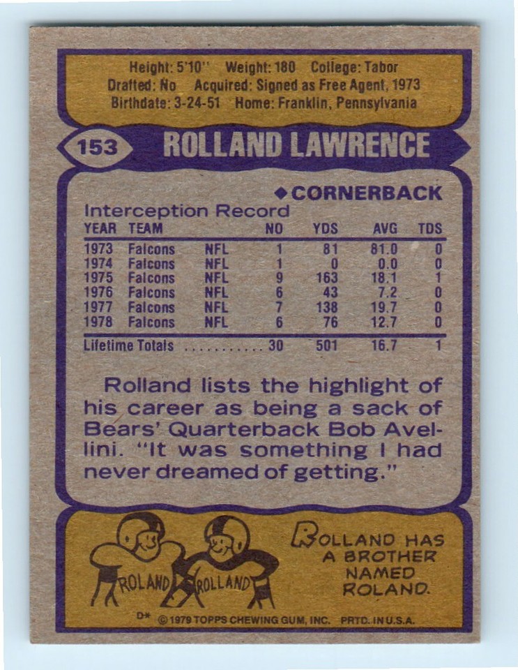1979 Topps Rolland Lawrence Atlanta Falcons #153 | eBay