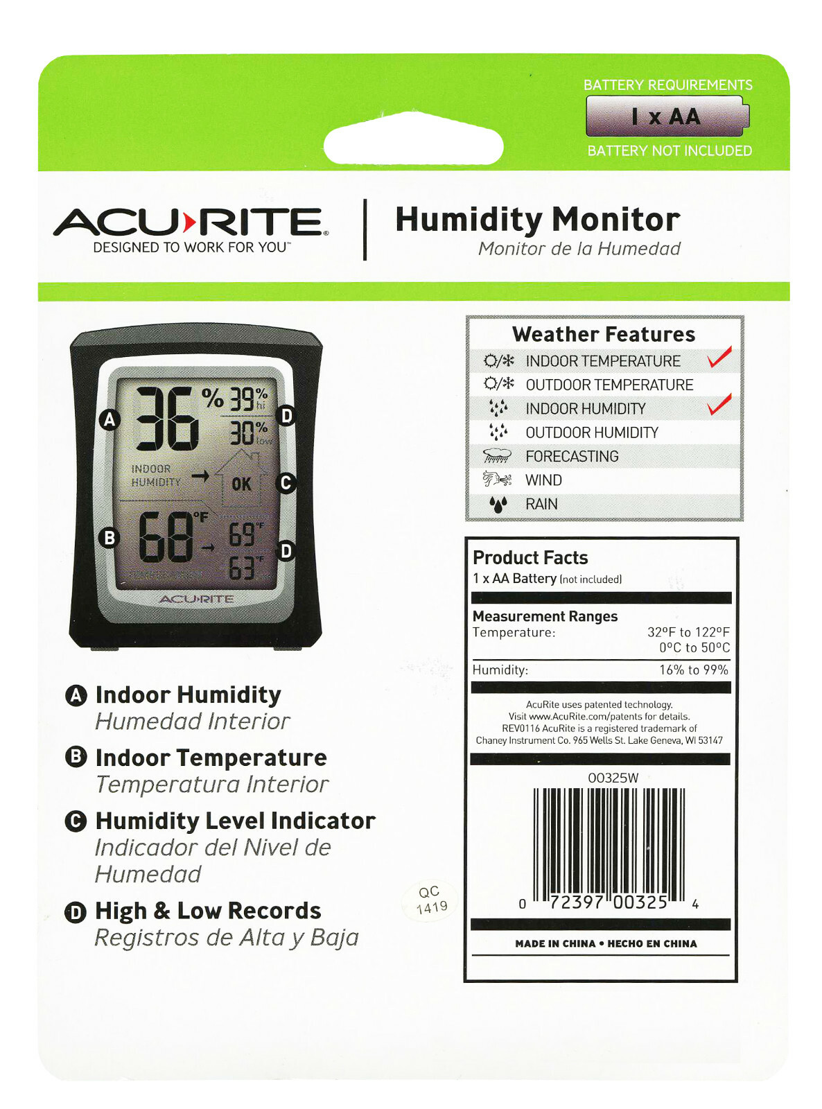 AcuRite INDOOR DIGITAL HUMIDITY & TEMPERATURE MONITOR High & Low ...