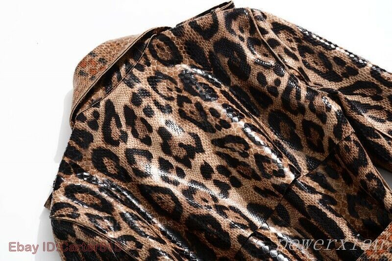 New Womens Leopard Print Sheepskin Leather Jacket Trench Coat Slim Fit ...