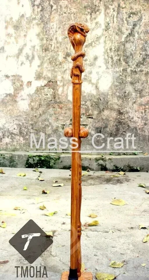 Hand carved snake head handle wooden walking stick handmade cobra ...