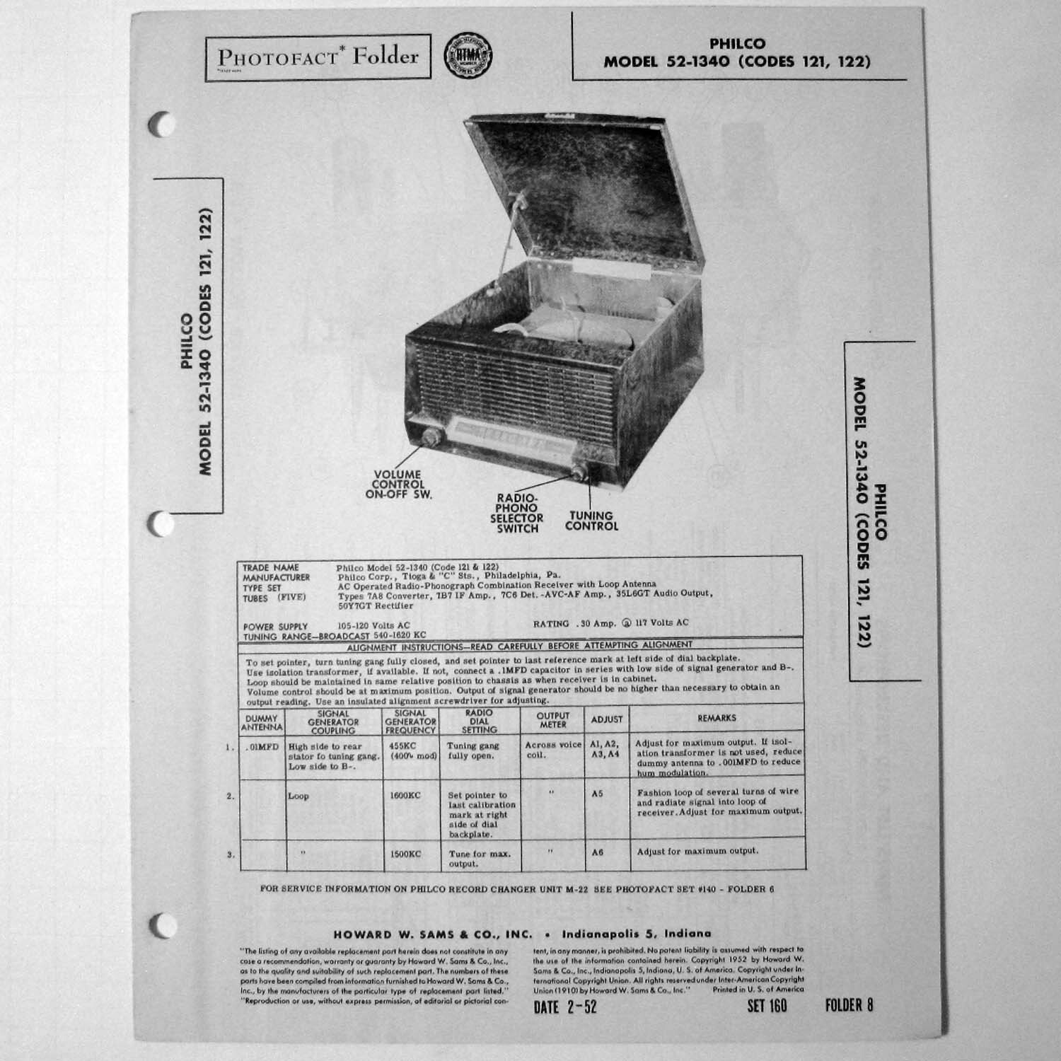 Philco Model 52-1340 Portable Record Player Changer SAMS Photofact ...