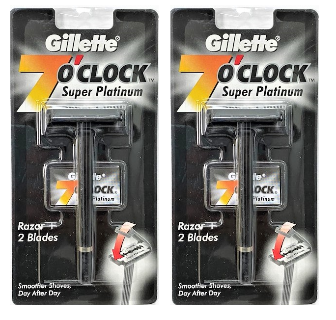 Gillette Super Platinum Double Edge Razor Handle + 2 Razor Blades (Pack ...