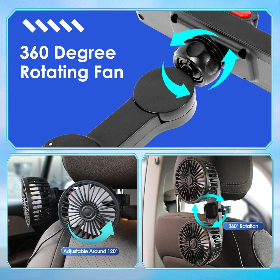 Car Fan for Backseat Dual-Head USB Powered Car Cooling Fans with 3 ...