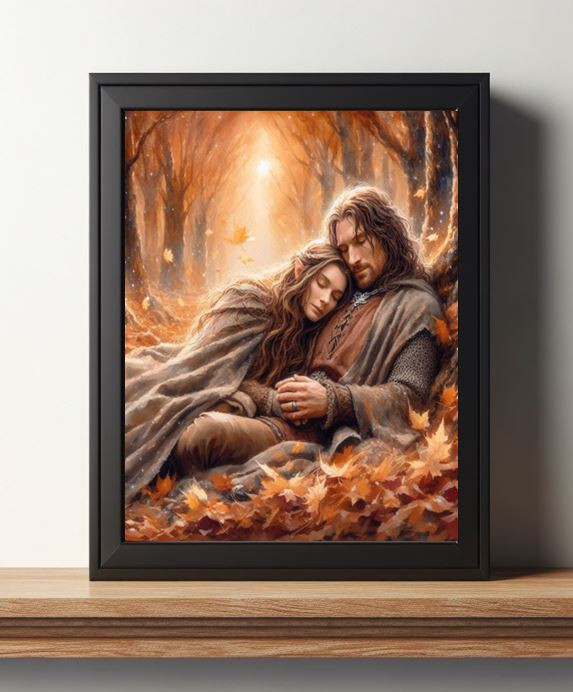 Aragorn Arwen Holding hands Autumn forest Lord of the Rings Watercolor ...