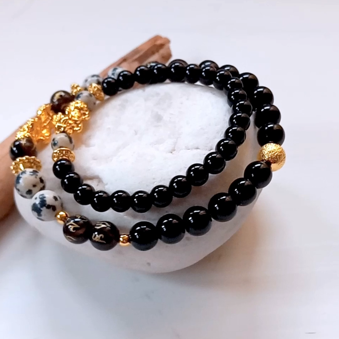 Pixiu Bracelet, Black Obsidian, Onyx, Carved Agate, Feng Shui, Gold ...