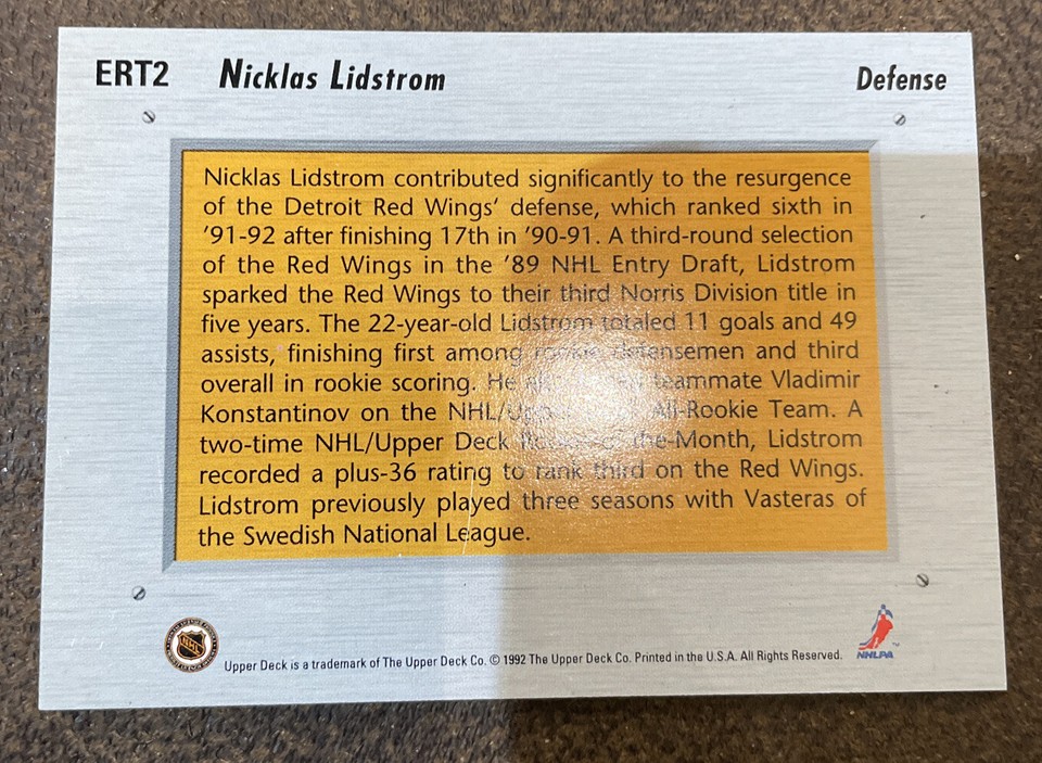 1992-93 Upper Deck Nicklas Lidstrom Euro Rookie Team Hologram Insert ...