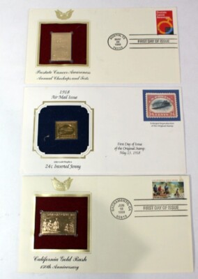SET OF THREE (3) 22KT GOLD USPS STAMP REPLICAS IN COLLECTOR ENVELOPES ...