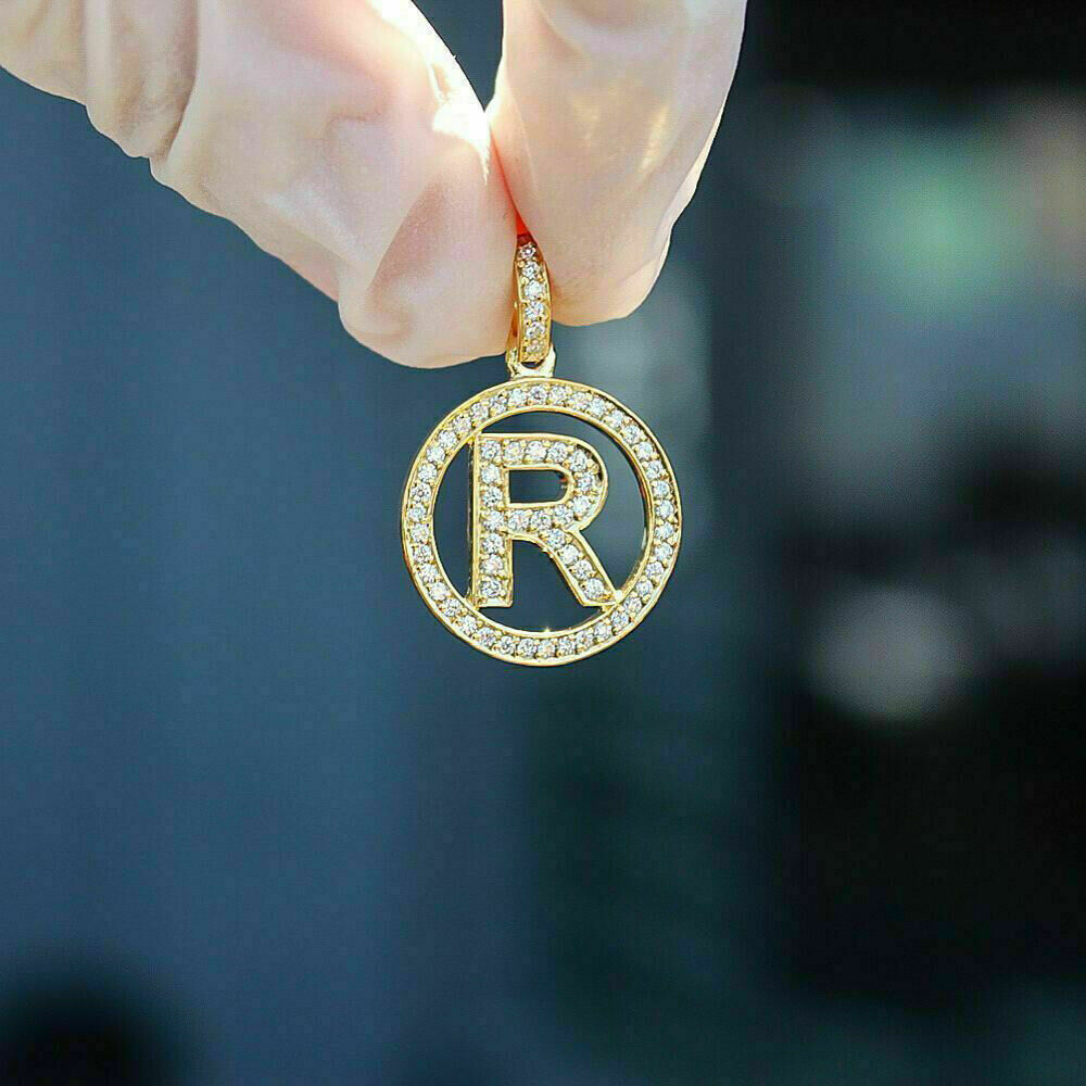 14K Yellow Gold Plated 1.00 CT Round Moissanite Initial Letter R Circle ...