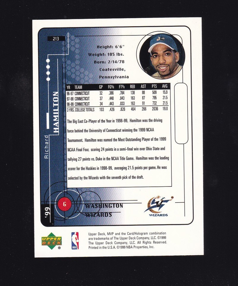 1999-2000 Upper Deck MVP Richard Hamilton Rookie #213 Washington ...