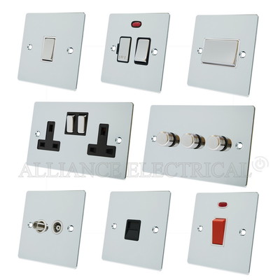 Full Range Polished Chrome Flat Sockets Switches Dimmers Black Ins ...