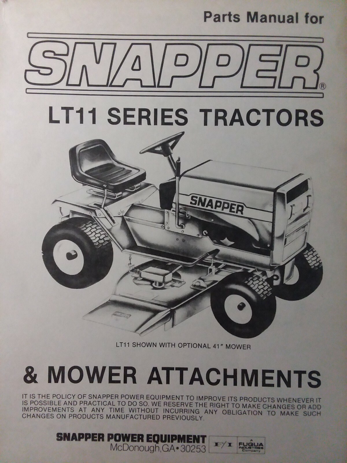 Snapper LT11 Riding Lawn Tractor & Mower Deck Parts Manual 1983 LT ...