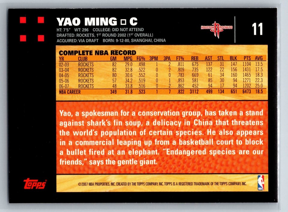 2007-08 Topps Yao Ming Houston Rockets #11 | eBay