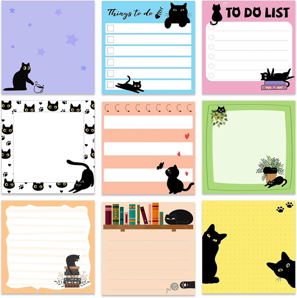 9 Pads Black Cat Sticky Notes 3x3 Inch Cute Self Stick Notepads Notes ...