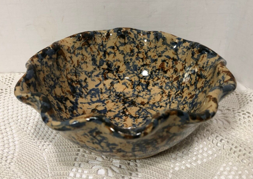 1994 Three Rivers Pottery Ruffled Edge Bowl Spongeware Stoneware Yellow ...