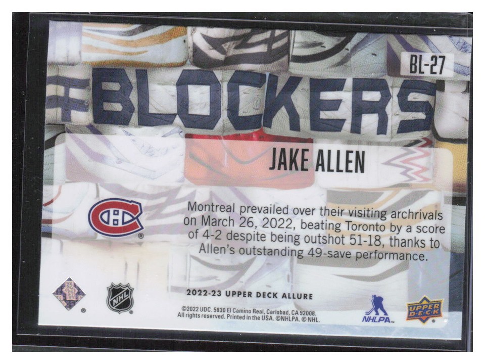 Jake Allen 2022-23 UD Allure Blockers #BL-27 Montreal Canadiens | eBay