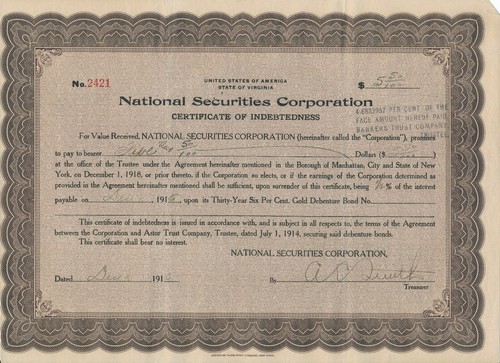 National Securities Corporation Certificate of Indebtedness - 1916 | eBay