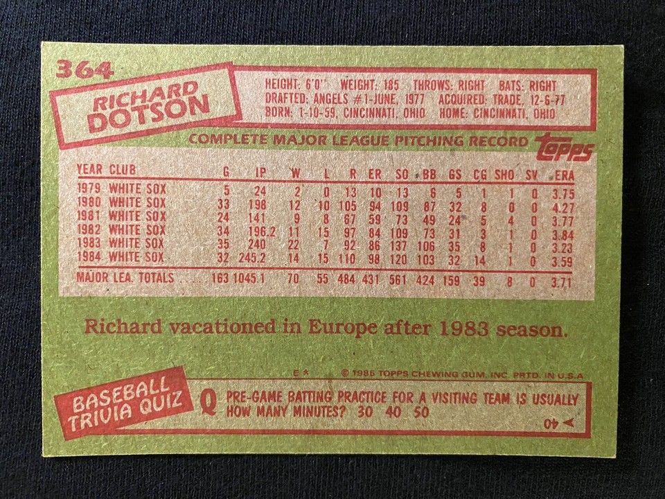 1985 Topps - #364 Richard Dotson | eBay