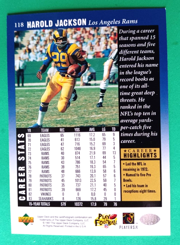 1997 UPPER DECK LEGENDS HAROLD JACKSON #118 LOS ANGELES RAMS NICE | eBay