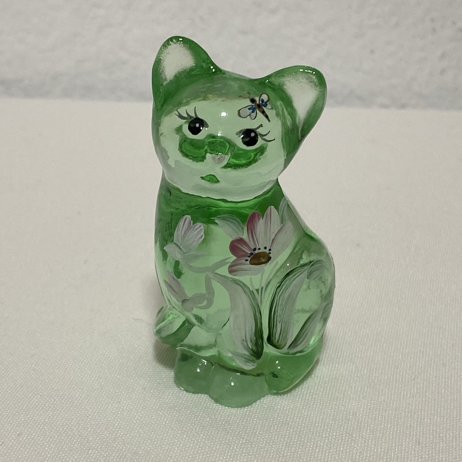 Fenton Green Glass Miniature Sitting Cat Figurine You’re The Best Hand ...