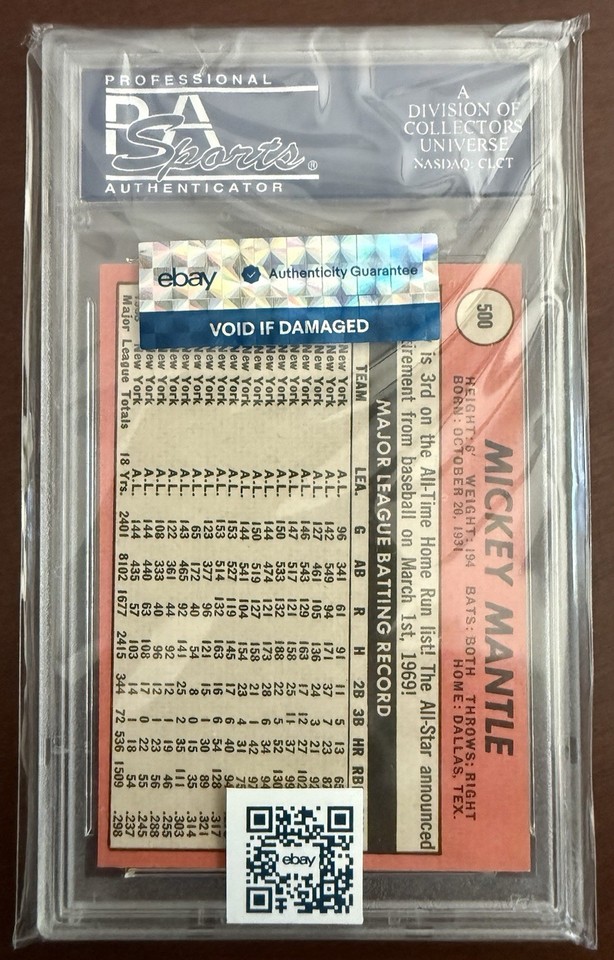 1969 TOPPS LAST NAME IN YELLOW #500 MICKEY MANTLE PSA 8 Perfect ...
