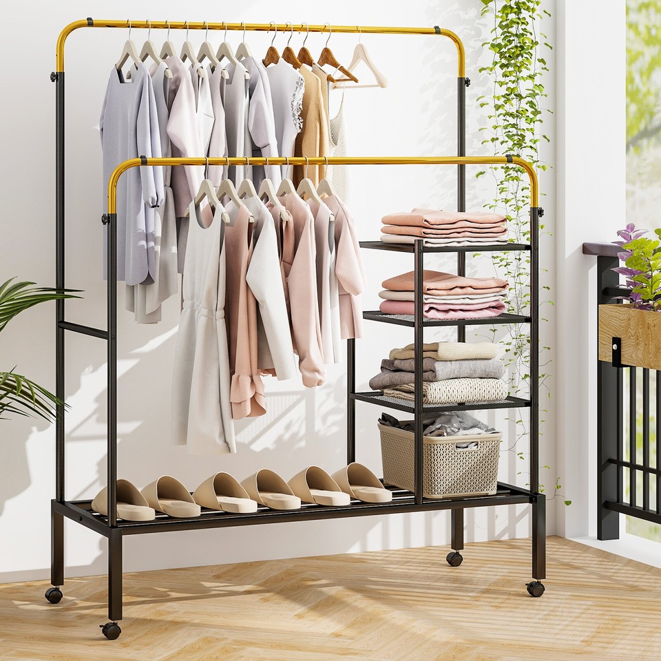 Double Rods Garment Rack w/ 2 Hanging Height Adjustable Rods, 4 ...