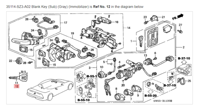 HONDA ACURA GENUINE OEM NSX Blank Key (Sub) (Gray) (Immobilizer) 35114 ...
