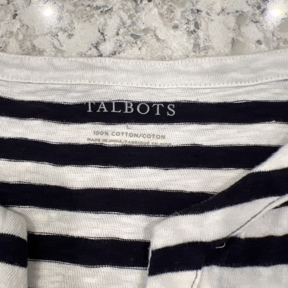 Talbots Black and white stripe split neck 3/4 sleeve cotton blouse | eBay