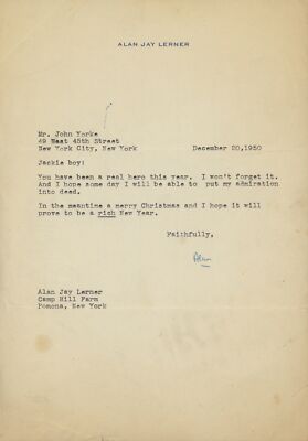 Alan Jay LERNER: Typed Letter Signed: "Hope it will prove to be a rich ...