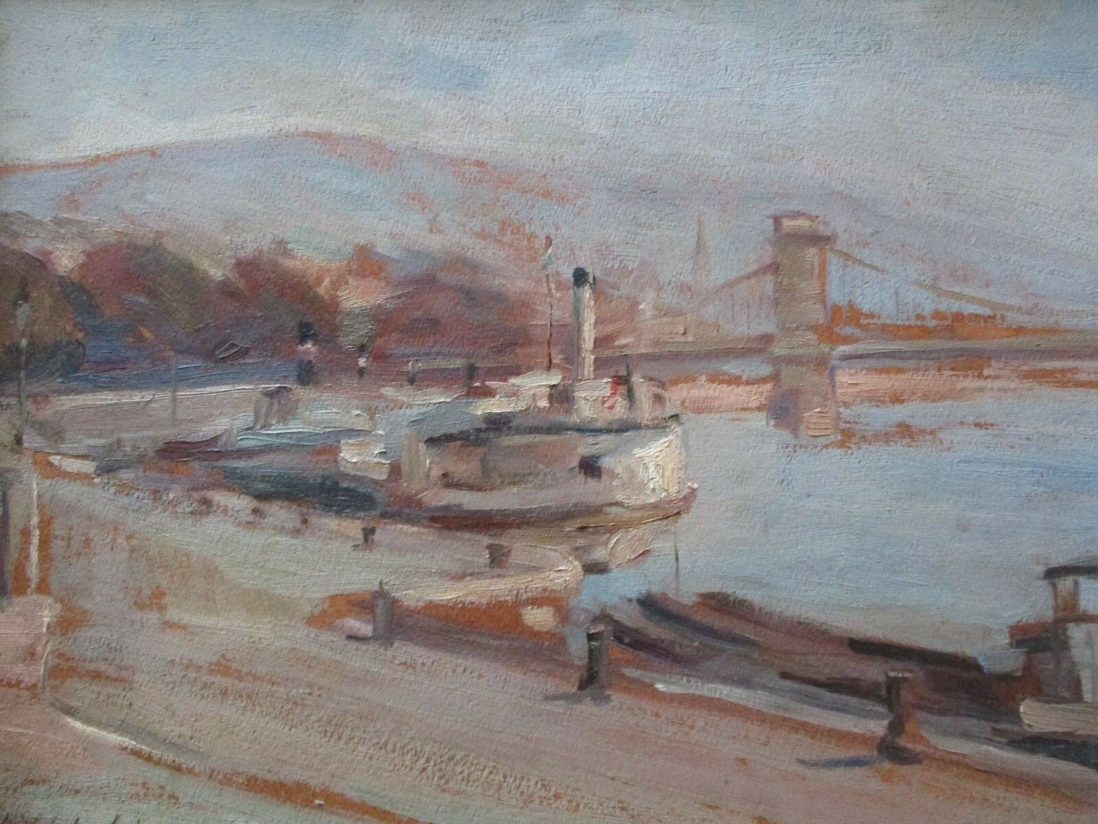 ANTIQUE OIL PAINTING RARE IMPRESSIONIST LANDSCAPE DANUBE BANK BUDAPEST ...