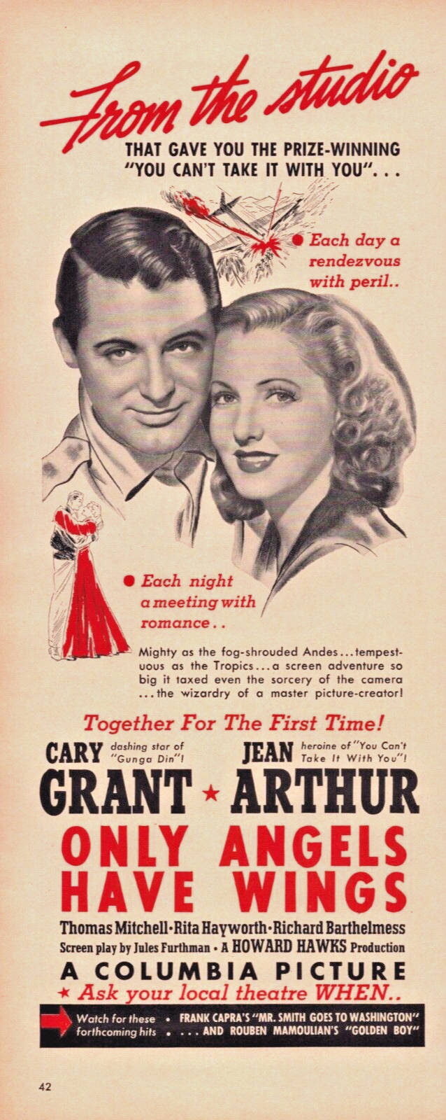 Vintage Print Ad 1939 Cary Grant Jean Arthur Only Angels Have Wings ...