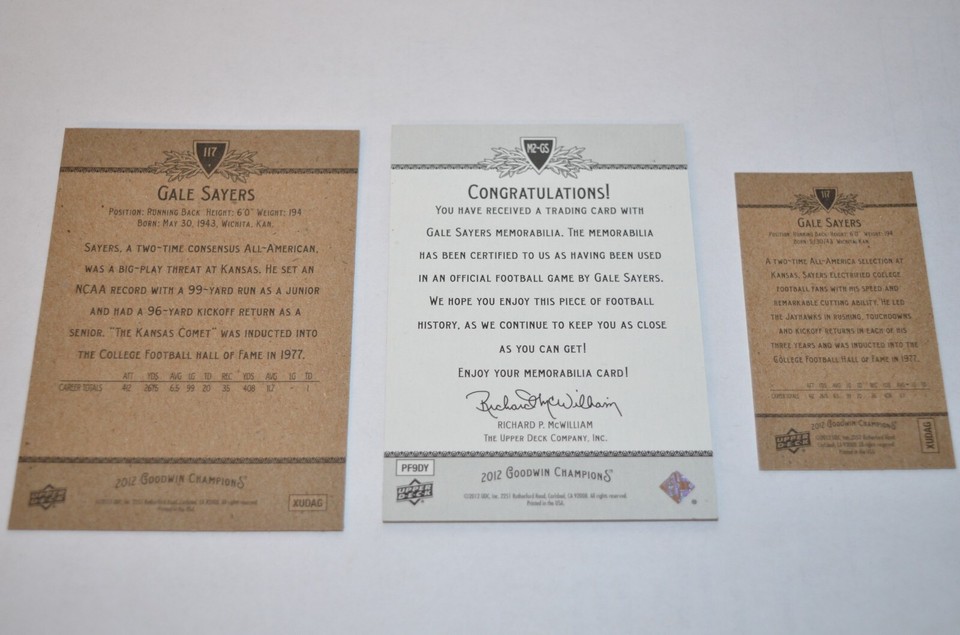 2012 UPPER DECK GOODWIN CHAMPIONS GALE SAYERS 3 CARDS INCLUDING GAME ...