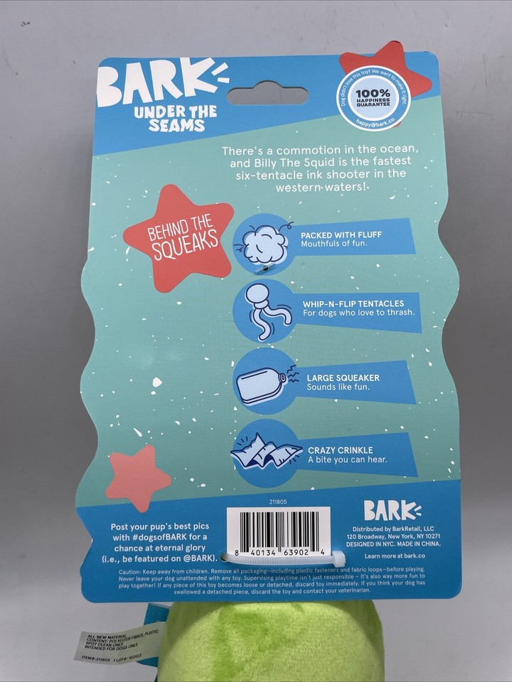 Bark Under The Seams, Billy The Squid Dog Toy, All Dog Size, Squeaker ...
